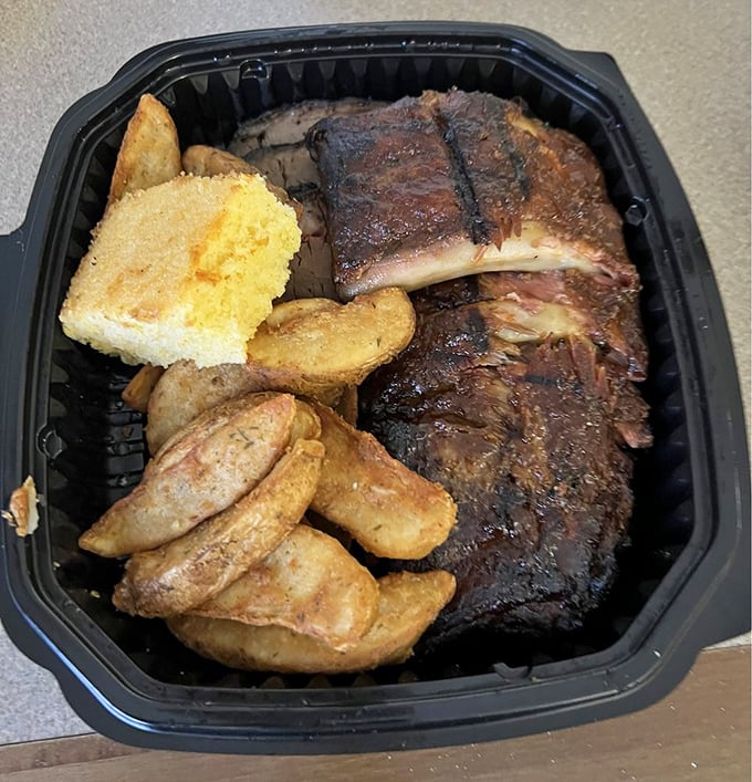 Takeout that transforms your kitchen table into a five-star smokehouse. Those ribs and potatoes are ready for their close-up.