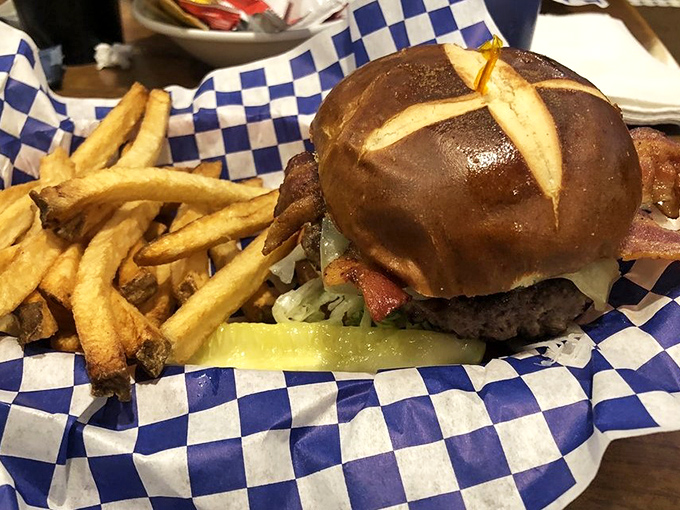 A burger that requires jaw exercises beforehand &ndash; that pretzel bun, those hand-cut fries, and a pickle that knows its supporting role perfectly.