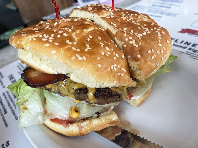 The bacon cheeseburger arrives like a beautiful meat monument &ndash; sesame-studded bun, melty cheese, and bacon that means serious business.
