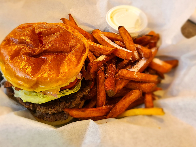 This isn't just a burger&mdash;it's architecture with beef, a towering testament to the art of satisfying hunger.