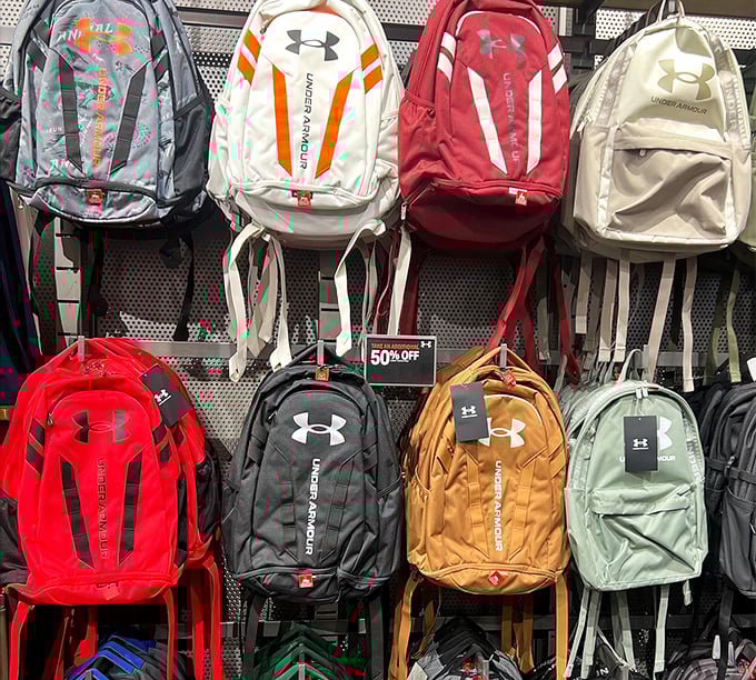 Under Armour backpacks standing at attention, ready for adventure. Half-price tickets to the land of "I'm prepared for anything life throws at me."