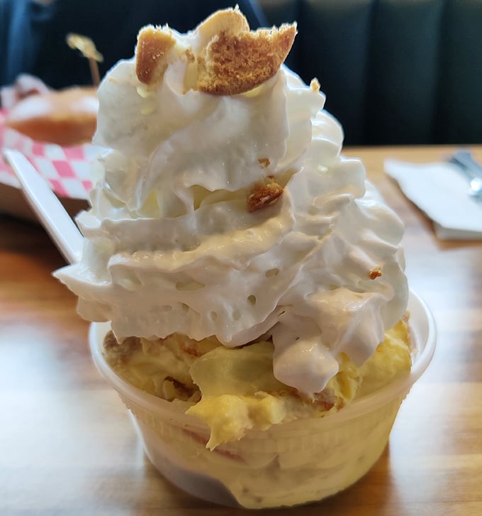 Banana pudding that's piled higher than Oklahoma summer humidity, crowned with a halo of whipped cream and cookie crumbles.