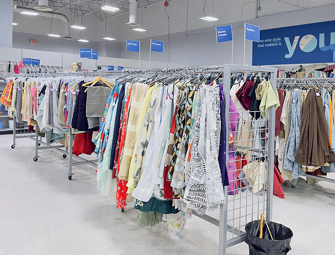 Clothing racks stretch toward the horizon like a fashionista's dream, each hanger a potential style revolution waiting to be discovered.