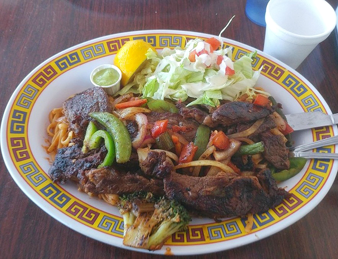 Beef steak and noodles that would make Marco Polo weep with joy. East meets West on a plate that defies culinary borders.