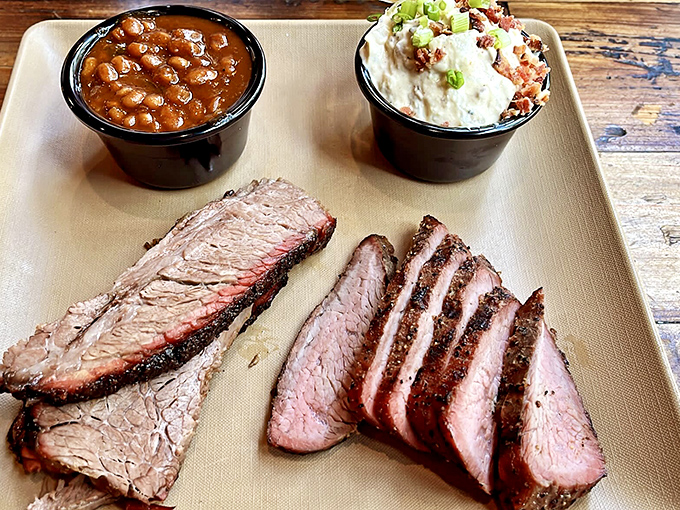 Brisket sliced with the precision of a Swiss watchmaker who decided meat was more fun than timepieces.
