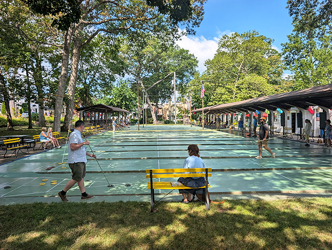Shuffleboard courts where friendly rivalries have been settled for generations. The Olympics of retirement living happens here daily.