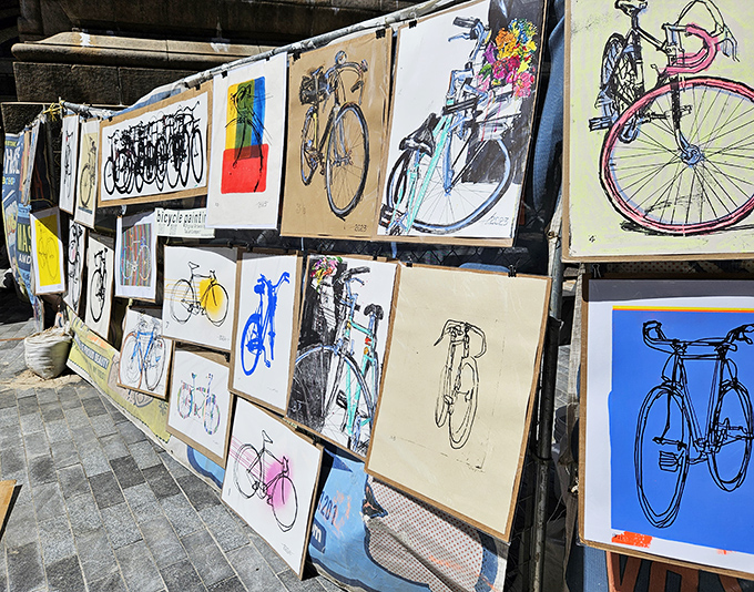Bicycle art that spins tales of two-wheeled adventures. These colorful prints would make any apartment wall pedal from boring to brilliant.