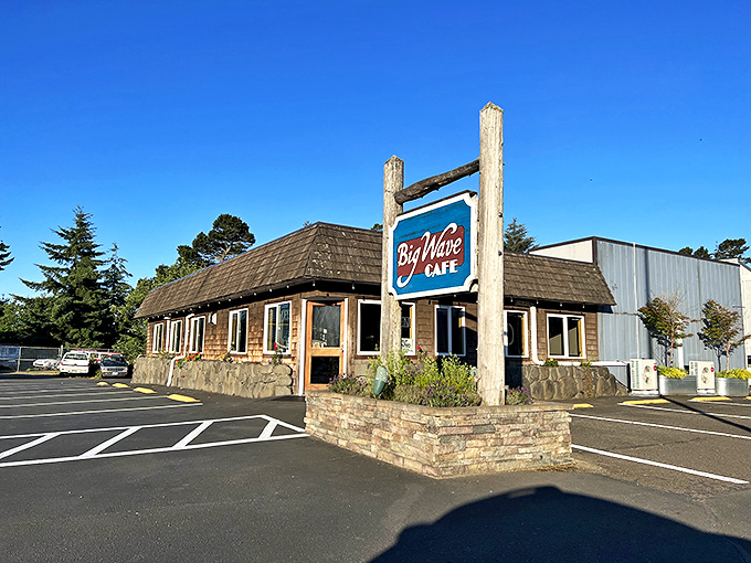The Big Wave Cafe's rustic cedar exterior and classic coastal signage promise comfort food with ocean views&mdash;a perfect post-beach refueling station.