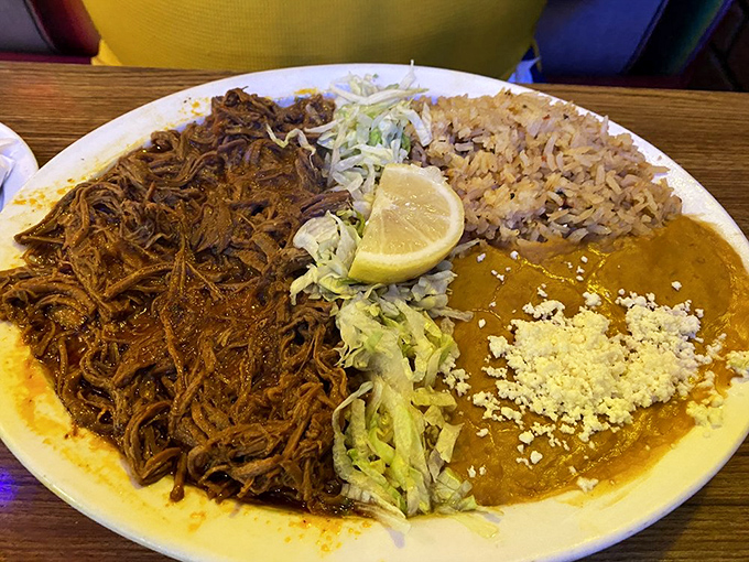 Birria so tender it practically surrenders to your fork. With rice, beans, and that sprinkle of queso fresco, it's Mexico on a plate.
