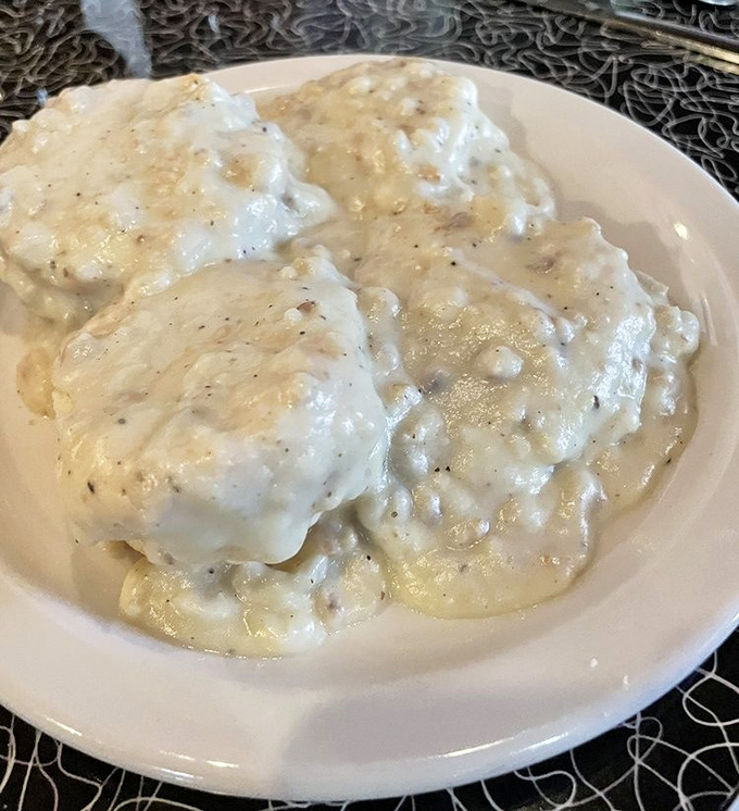 Biscuits and gravy that doesn't hide behind fancy descriptions&mdash;just honest, peppery goodness that speaks the universal language of comfort.