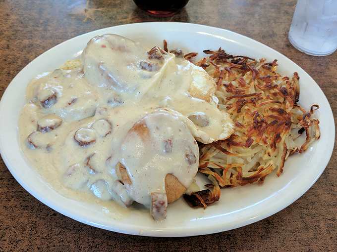 Biscuits and gravy that would make your grandmother both proud and jealous, paired with hash browns crisped to golden perfection.