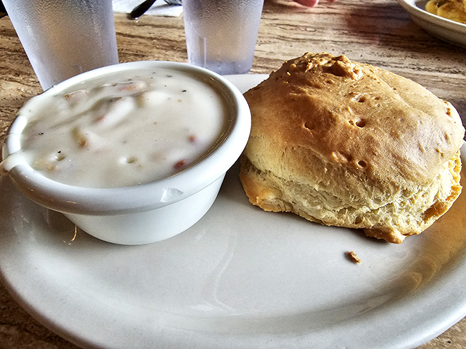 A homemade biscuit that could make your grandmother jealous, paired with country gravy that's worth every delicious calorie.