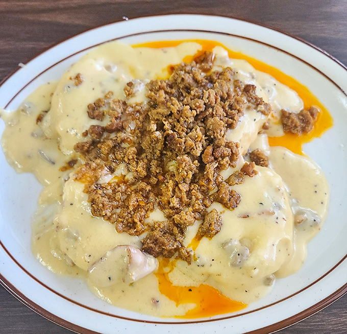 This isn't just biscuits and gravy&mdash;it's a savory masterpiece topped with chorizo that would make any Basque shepherd weep with joy.