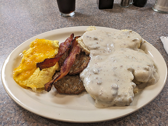 Biscuits and gravy that would make your grandmother both proud and jealous. The sausage-studded gravy blankets those biscuits like they're precious cargo.