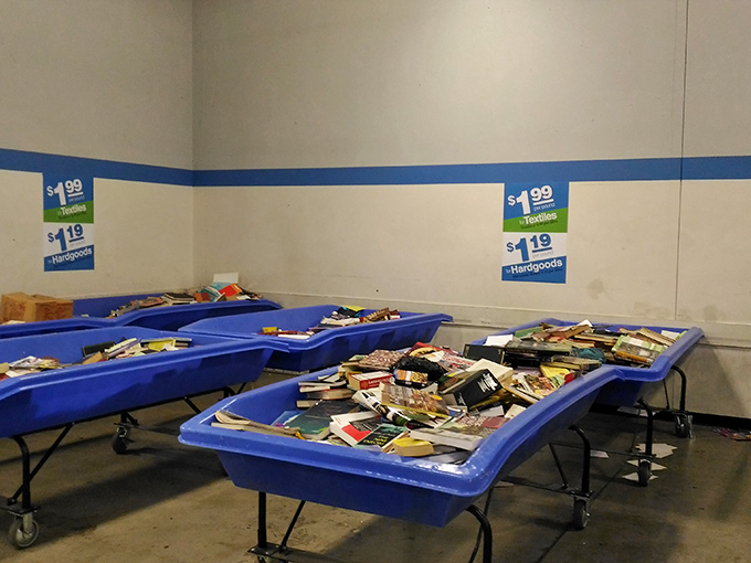 The famous blue bins – where books go for their second chance. At $1.99 per pound, you can afford to judge these books by their covers.