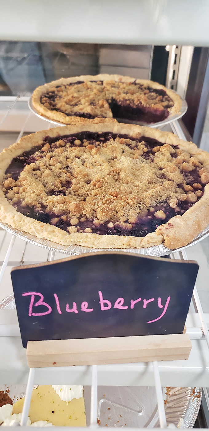 
Blueberry pie with that perfect balance of sweet-tart filling and buttery crumble topping. Summer sunshine captured in a pie tin. 