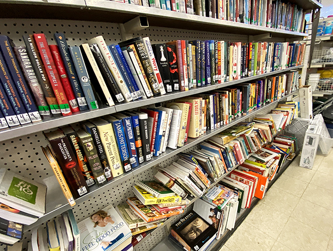 Literary treasures stacked with care. Someone's discarded beach read might become your new obsession for less than a fancy coffee.