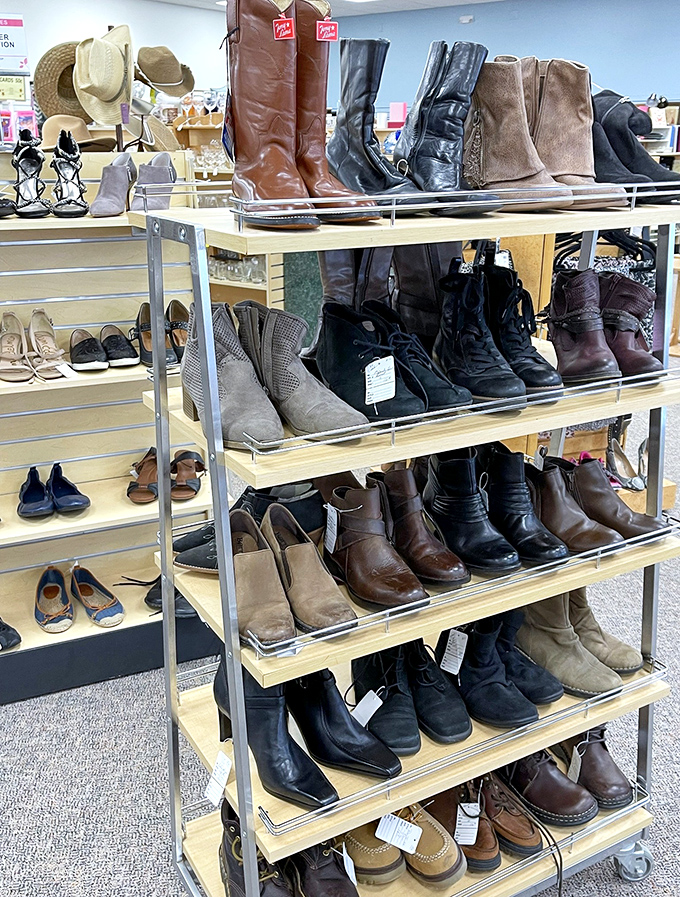 Boot boulevard showcases everything from barely-worn cowboy kicks to practical winter stompers—all arranged with military precision.