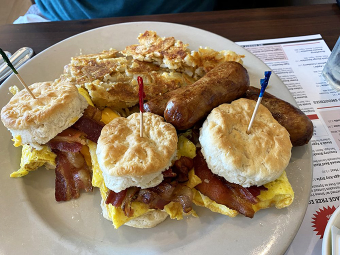 Breakfast sliders: for when you can't decide between a biscuit sandwich and sausage links. The correct answer is "all of the above."