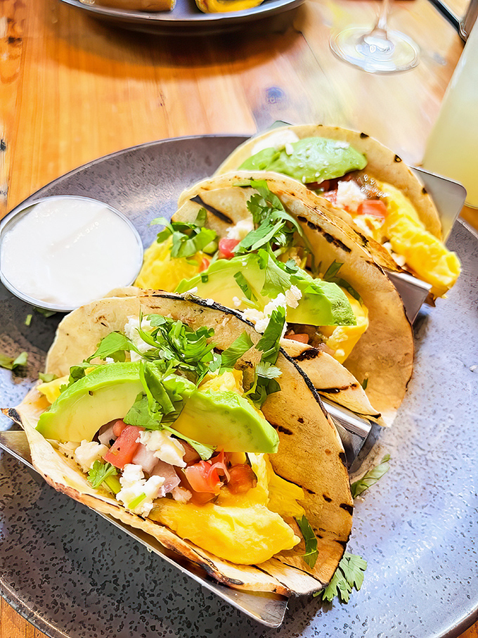 Breakfast tacos that make you question why we don't start every day this way&mdash;vibrant, fresh, and topped with avocado that's perfectly ripe (a minor miracle in itself). 