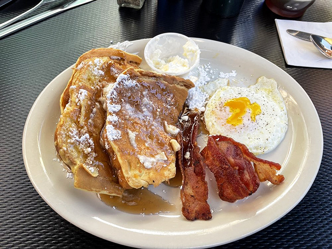 French toast, perfectly cooked eggs, and bacon that stands at attention&mdash;this is the breakfast trinity that launched a thousand surf sessions.