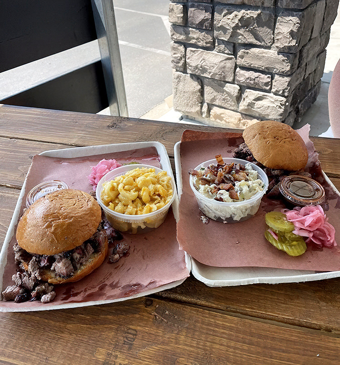 Sandwich architecture at its finest. The structural integrity of that bun holding a mountain of brisket deserves an engineering award.