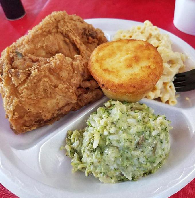 Southern harmony on a plate – crispy fried chicken, creamy mac and cheese, and broccoli casserole creating a trio of comfort that feels like a warm hug.