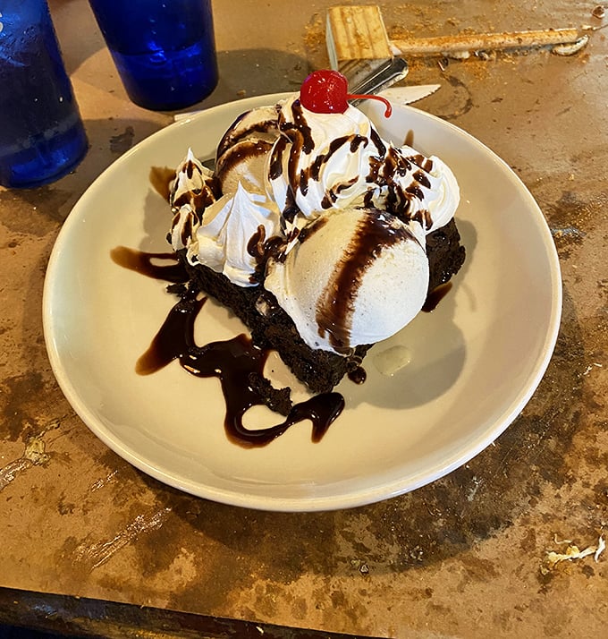When a brownie sundae looks this good, suddenly there's always room for dessert, no matter how many crabs you've conquered.