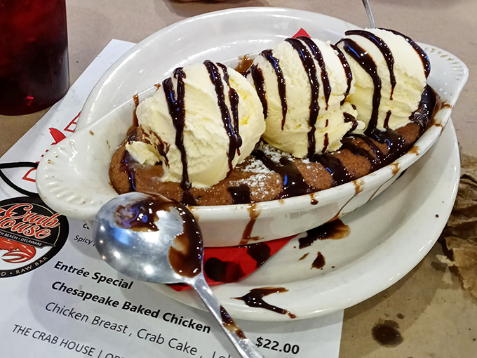 When you've conquered mountains of seafood, this brownie sundae offers the sweetest victory celebration imaginable.