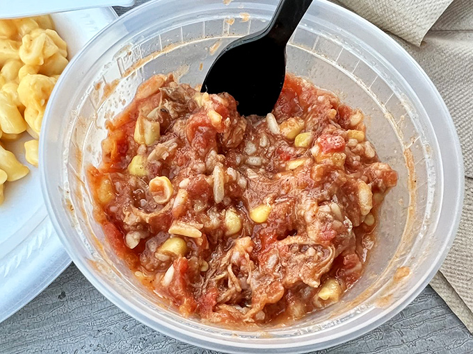 Brunswick stew that could end family feuds—chunks of meat swimming in a tomato-based broth with corn and other vegetables playing supporting roles.