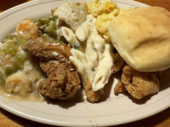 A plate that tells the whole Louisiana story&mdash;fried delights, creamy pasta, and vegetables that somehow make you feel virtuous while indulging.