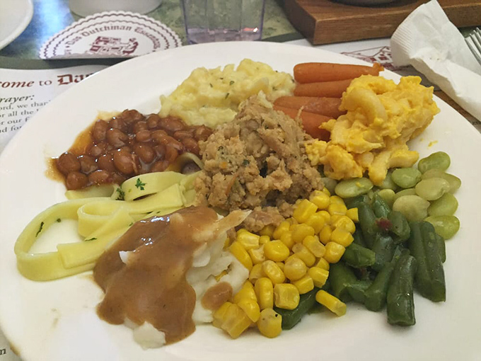 A buffet plate that tells the story of Midwestern abundance—where noodles, corn, beans, and stuffing coexist in perfect harmony on a single dish.