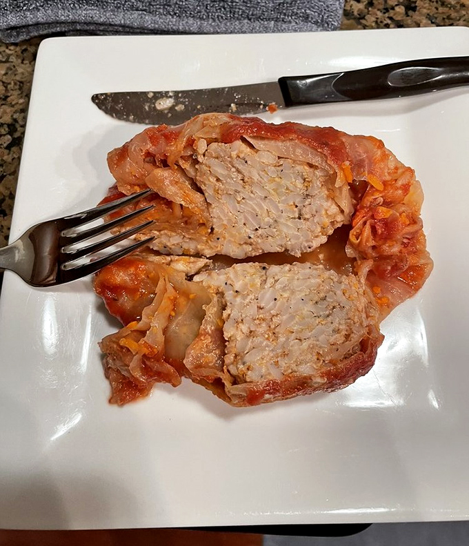 The cross-section reveals the truth: these cabbage rolls aren't messing around. Hearty, homemade, and absolutely worth the drive.