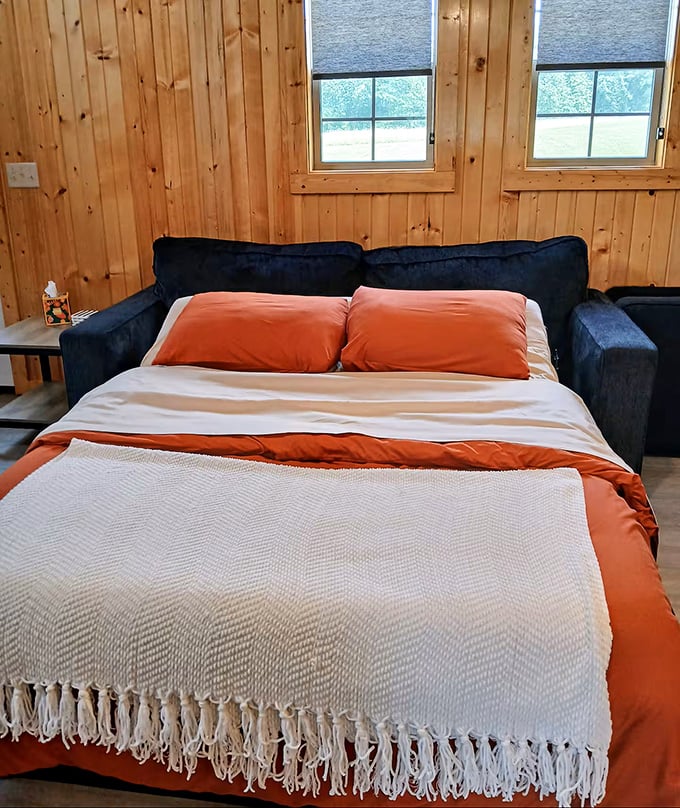 Farm comfort meets modern design. The pull-out sofa bed proves you don't need to sacrifice style when accommodating extra guests in country comfort.