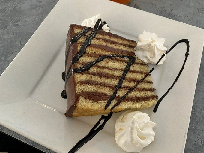 Smith Island cake in all its glory&mdash;thin layers of yellow cake embraced by chocolate frosting. Maryland's official dessert doesn't mess around.
