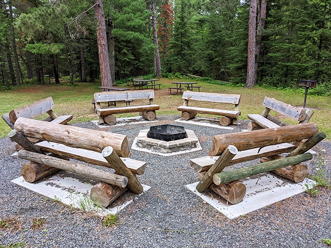 Campfire conversations waiting to happen. These rustic log benches have heard more ghost stories and seen more perfectly roasted marshmallows than we'll ever know.