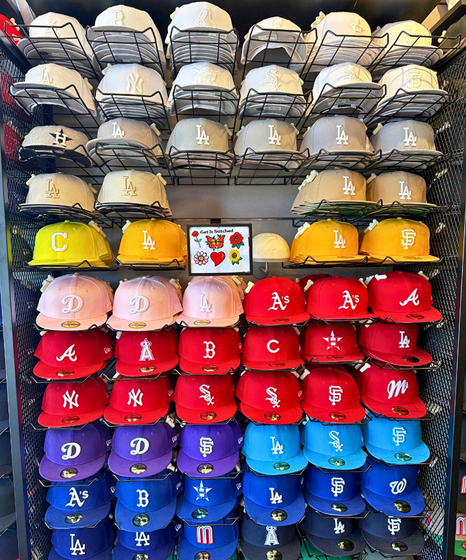 Baseball cap heaven for sports fans! Whether you're Team Dodgers or Giants, your allegiance can be displayed at outlet prices.
