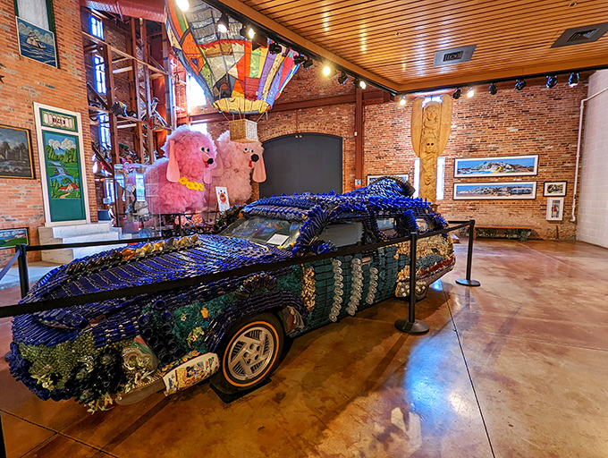 The famous "art car" covered in thousands of blue beads and trinkets. Imagine pulling up to the grocery store in this—you'd never lose it in the parking lot!