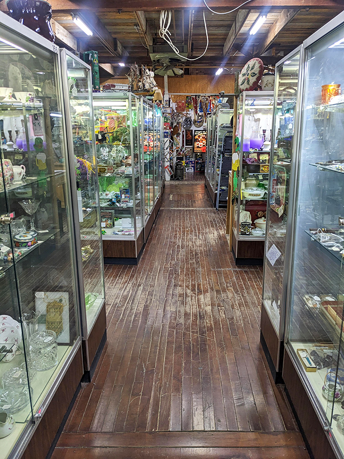 Glass cases line this corridor like a museum where you're actually allowed to take the exhibits home.