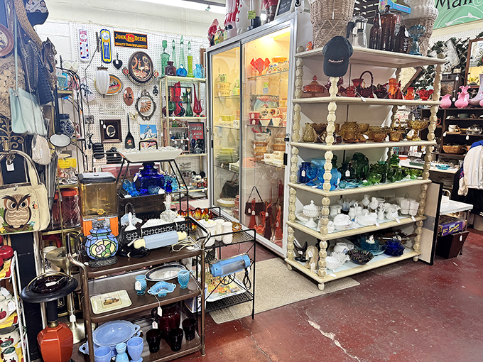 Color-coded glassware creates a rainbow of nostalgia. From cobalt blue bottles to milk glass figurines, each shelf holds memories waiting to be adopted.