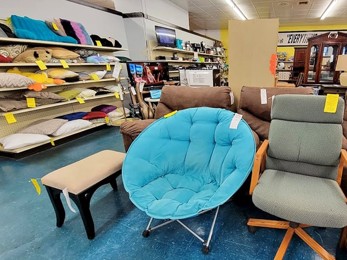 "Please adopt me," whispers that turquoise papasan chair, while the practical office chair beside it promises to support your work-from-home dreams.