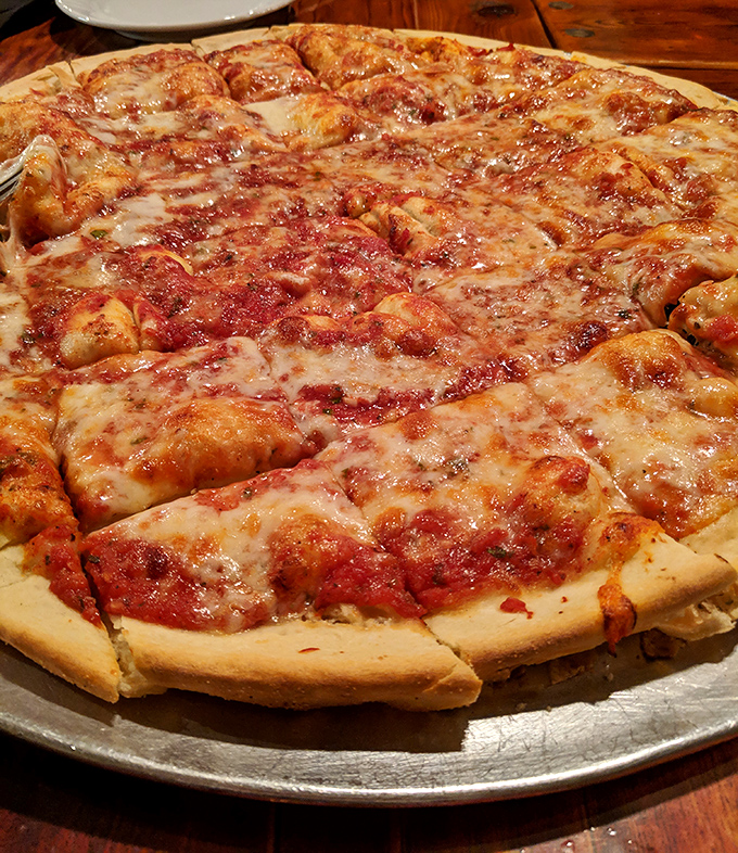 This cheese pizza stretches across the table like it's trying to feed an entire Italian wedding reception.