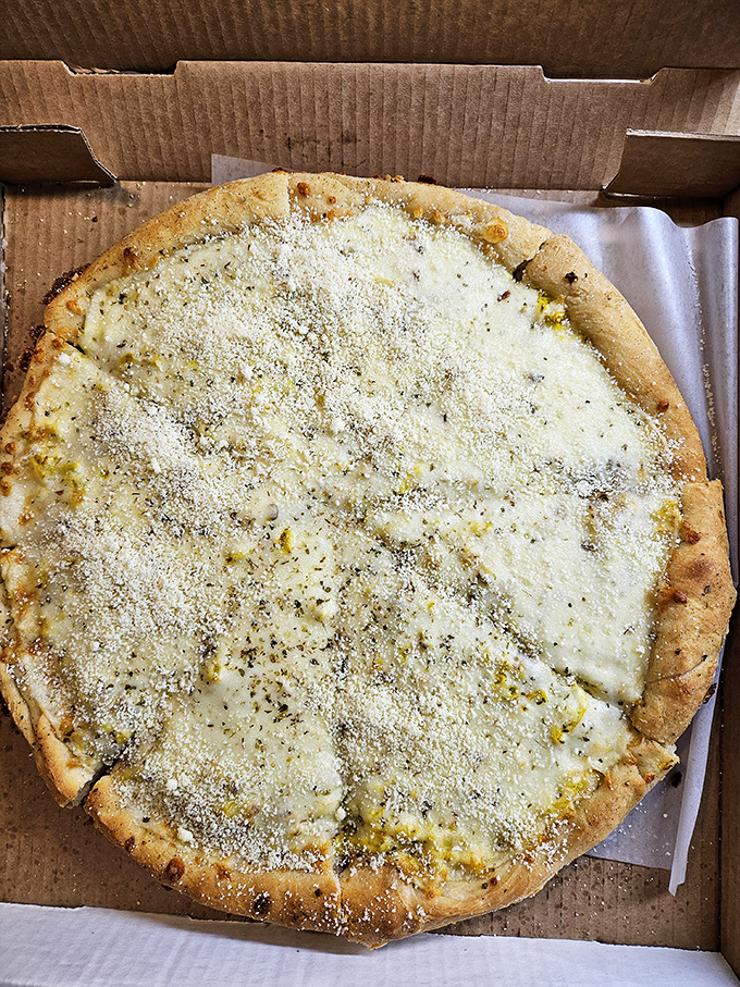 A white pizza that understands simplicity is the ultimate sophistication. That crust has the perfect balance of chew and crunch that pizza dreams are made of.