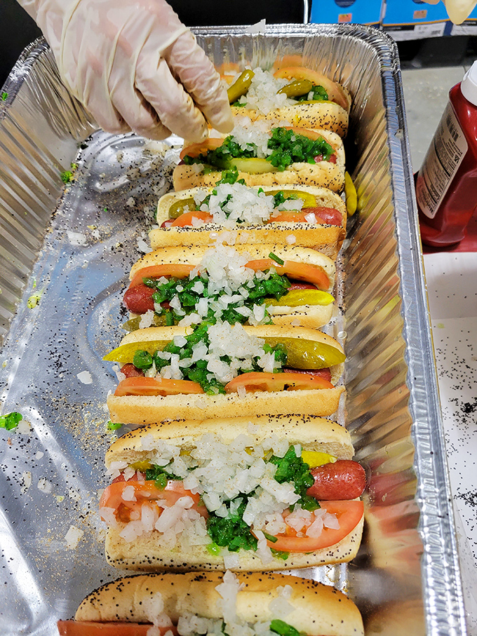 Chicago dogs lined up like soldiers ready for duty &ndash; each one a perfect symphony of toppings where ketchup dare not tread.