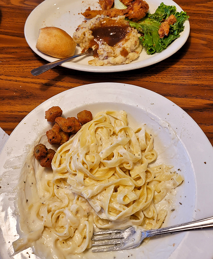 Fettuccine Alfredo with a side of hush puppies &ndash; proof that Italy and the South can coexist deliciously.
