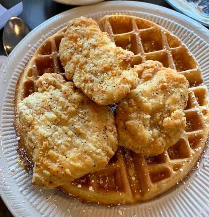 Chicken and waffles &ndash; the breakfast equivalent of a mullet. Business on the bottom, party on top, delicious all around.