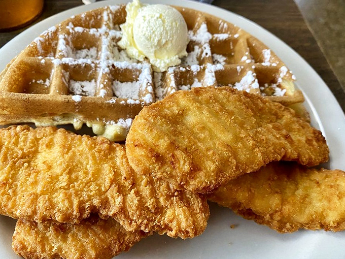 The chicken and waffle combo – where sweet meets savory in a partnership more harmonious than most Hollywood marriages.