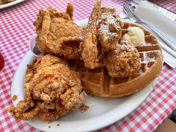 Chicken and waffles: the breakfast equivalent of a perfect marriage. Crispy meets fluffy in this plate-filling portion that demands a nap afterward.