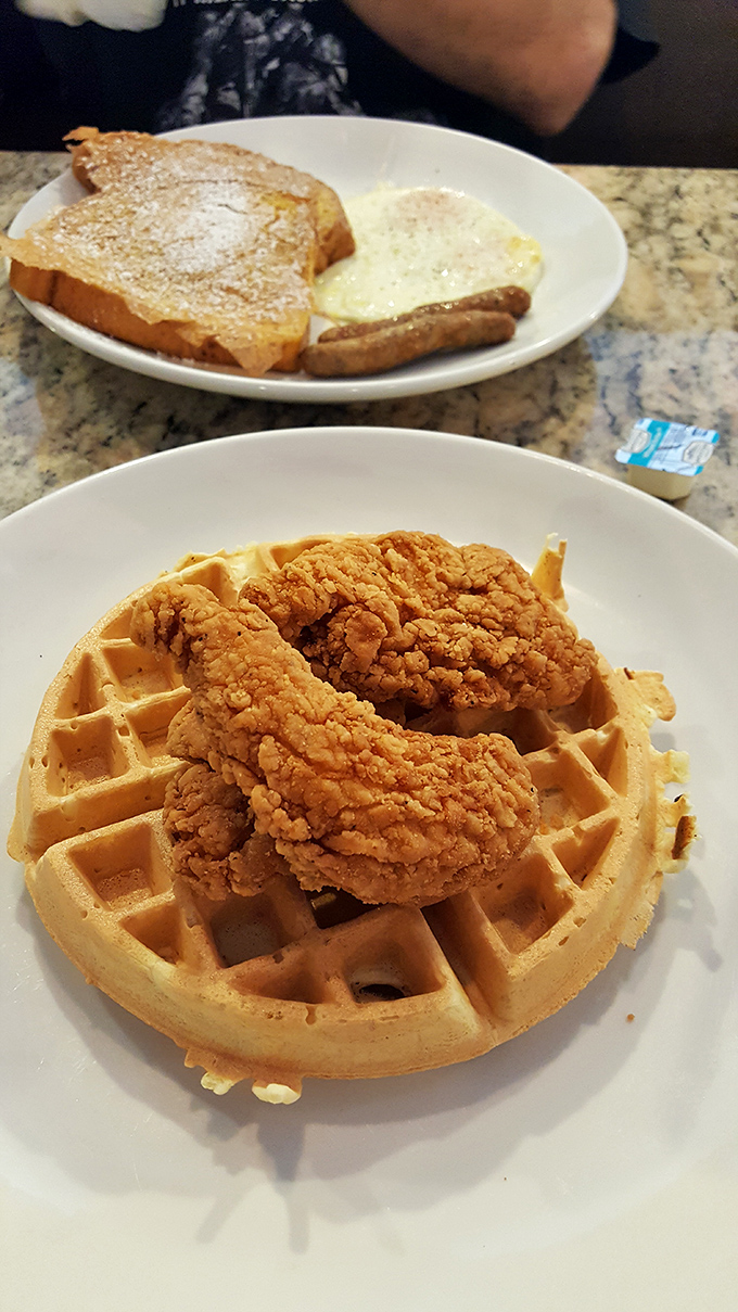Chicken and waffles: the breakfast-lunch hybrid that proves some of the best relationships are unexpected ones. This golden-fried masterpiece seals the deal. 
