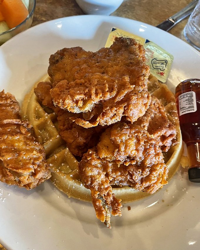Chicken and waffles: the breakfast-dinner hybrid that proves some of history's best relationships started as unlikely pairings. Crispy meets fluffy in perfect harmony.